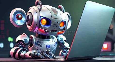 Robot Works At The Computer Training Of Robots And Artificial