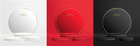 고급 실린더 연단 받침대와 둥근 원 모양이 있는 사실적인 3d 배경 세트 흰색 빨간색 검은 색 쇼 제품 화장품을 위한 무대 3d 벡터 렌더링 Eps 10 0명에 대한 스톡