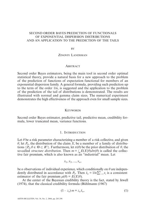 Pdf Second Order Bayes Prediction Of Functionals Of Exponential Dispersion Distributions And