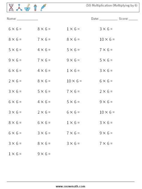50 Multiplication Multiplying By 6 Math Worksheets Math Practice
