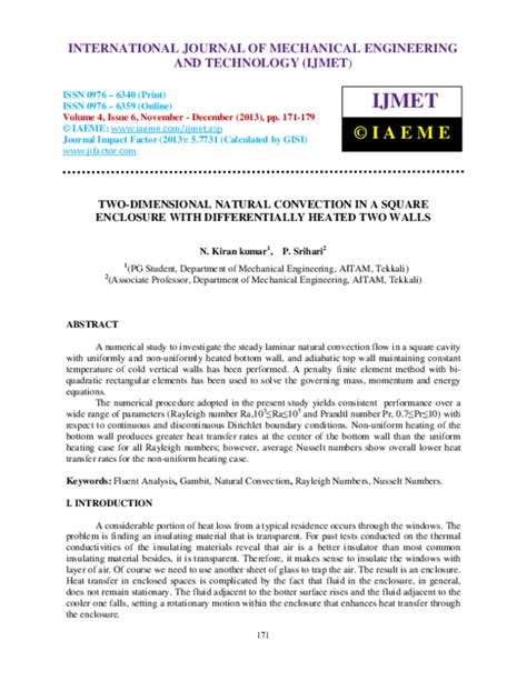 Pdf Two Dimensional Natural Convection In A Square Enclosure With Differentially Heated Two Walls