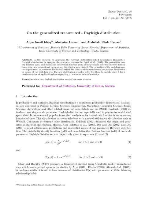 Pdf On The Generalized Transmuted Rayleigh Distribution