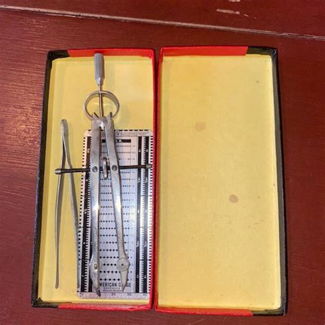 Drafting Tools Set Includes Metal Compass And Vintage American Gauge Hypen Hole Perf Rouletted
