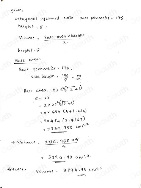 solved the base of a regular octagonal pyramid has a perimeter of 176