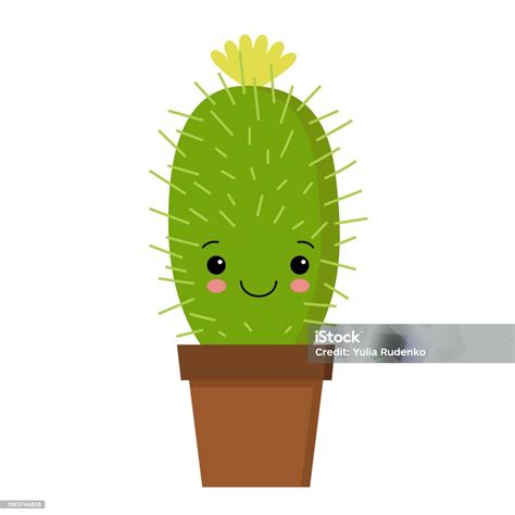 냄비에 재미 있는 얼굴을 가진 귀여운 만화 선인장의 그림 귀여운에 대한 스톡 벡터 아트 및 기타 이미지 귀여운 꽃 식물 녹색 Istock