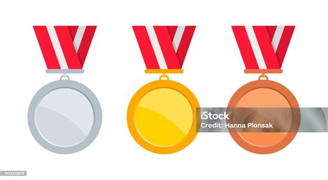 메달 세트 금 은 동메달 빨간색 리본 우승자를위한 챔피언 메달 수상 및 트로피 벡터 일러스트레이션 1위에 대한 스톡 벡터 아트 및 기타 이미지 Istock