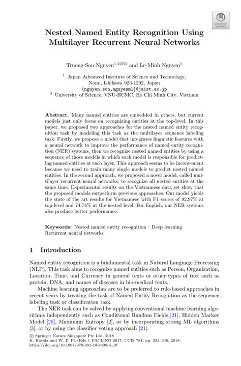 Pdf Nested Named Entity Recognition Using Multilayer Recurrent Neural