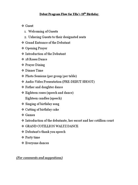 Debut Program Flow For Ella Pdf Debut Program Flow For Ella Pdf