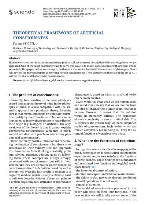 Pdf Theoretical Framework Of Artificial Consciousness