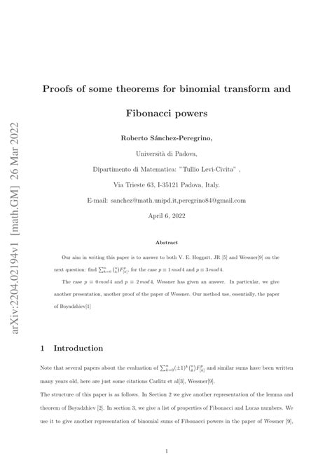 Pdf New Proofs Of Some Theorems For Binomial Transform And Fibonacci