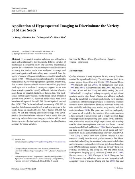 Pdf Application Of Hyperspectral Imaging To Discriminate The Variety