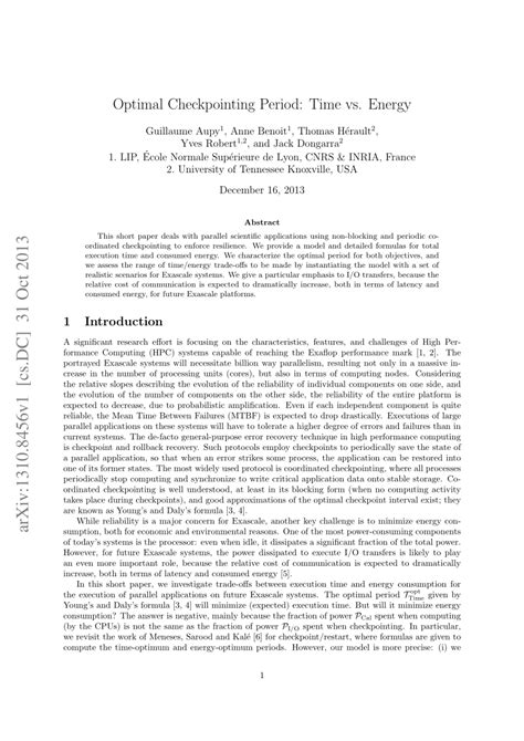 Pdf Optimal Checkpointing Period Time Vs Energy