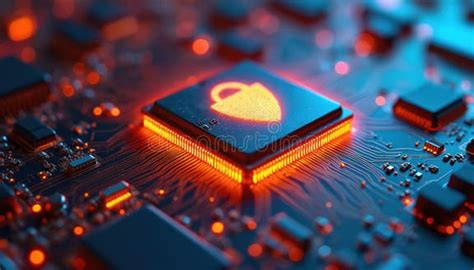 Glowing Futuristic Computer Chip With Orange Lock Icon On Vibrant Blue