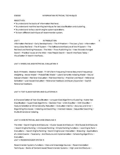 Cs8080 Information Retrieval Techniques L T P C Cs8080 Information
