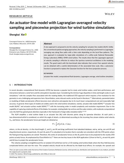 Pdf An Actuator‐line Model With Lagrangian‐averaged Velocity Sampling And Piecewise Projection