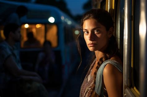 Woman Stands By Bus Engrossed In Novel Premium AI Generated Image