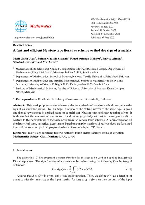 Pdf A Fast And Efficient Newton Type Iterative Scheme To Find The Sign Of A Matrix