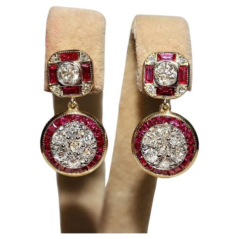 New Made 14k Gold Natural Diamond And Caliber Ruby Decorated Earring
