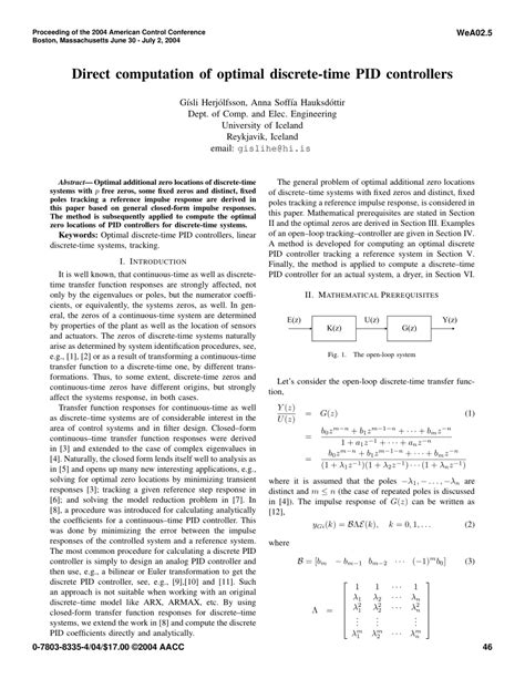 Pdf Direct Computation Of Optimal Discrete Time Pid Controllers