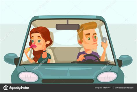 부부 자동차 운전입니다 부주의 드라이버 문자입니다 벡터 평면 만화 일러스트 레이 션 — 스톡 벡터 © Prettyvectors 132033044