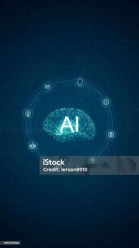 파란색 디지털 두뇌 로고와 Ai 챗봇과 기계 학습 기술이 적용된 미래 지향적인 Hud와 추상적인 배경 세로에 인공 지능과 로봇
