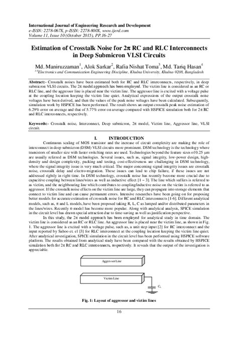 Pdf Estimation Of Crosstalk Noise For 2 Rc And Rlc Interconnects In Deep Submicron Vlsi Circuits
