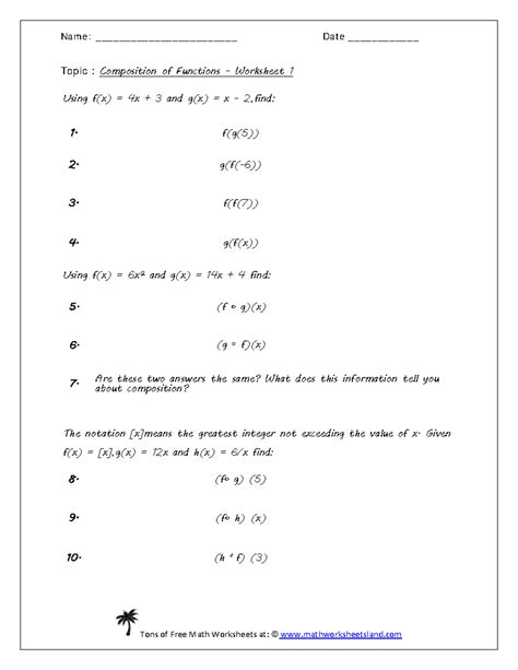 composition functions worksheet topic composition of functions