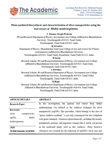 Plant Mediated Biosynthesis And Characterization Of Silver Nanoparticles Using The Leaf Extract