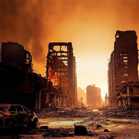 포스트아포칼립스 폐허가 된 도시 파괴된 건물 파괴된 도로 고층 빌딩 폭파 프리미엄 사진