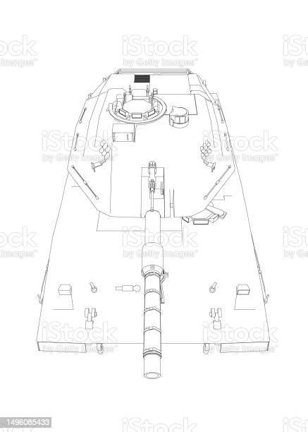 군사 개념에 대한 격리된 벡터 이미지입니다 군용 탱크 군사 장비 현실적인 탱크의 청사진 상세한 장갑차 산업 도면 윤곽선 스타일의 전쟁 차량 벡터 그림 Minuteman