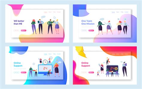 온라인 글로벌 기술 지원 컨셉 랜딩 페이지를 설정 합니다 사무실 소송에서 남성과 여성의 캐릭터 팀워크를 이야기 새로운 아이디어를