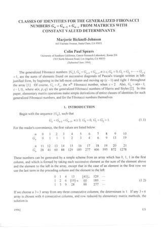 Classes Of Identities For The Generalized Fibonacci Pdf Physics Science