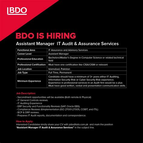 Bdo In Pakistan Is Hiring We Are Seeking Candidates For The Position Of Assistant Manager It
