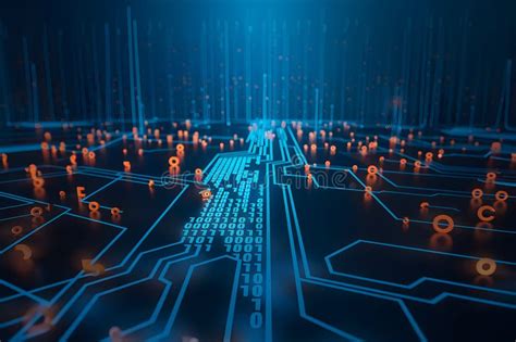 Flowing Binary Code Illuminates A Futuristic Digital Landscape With Glowing Orange Symbols Stock