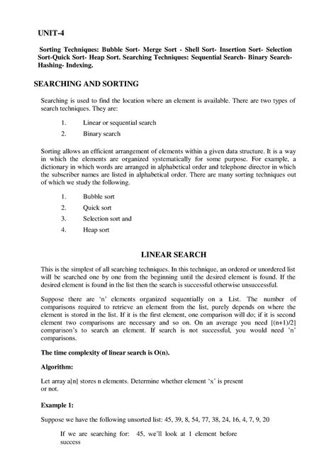 Unit 4 Of Fundamentals Of Data Structures Unit Sorting Techniques Bubble Sort Merge Sort