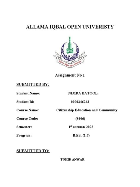 Allama Iqbal Open Univeristy Assignment No 1 Submitted By Pdf