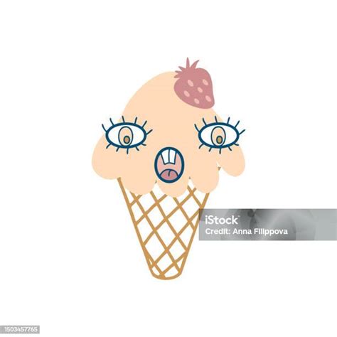 낙서 눈을 가진 겁에 질린 얼굴 딸기 아이스크림 콘 캐릭터 티 스티커 포스터를 위한 완벽한 인쇄 장식과 디자인을 위한 복고풍 스타일의 벡터 그림 1990 1999 년에 대한