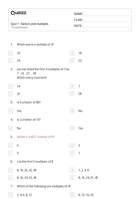 50 Factors And Multiples Worksheets For Kindergarten On Quizizz Free