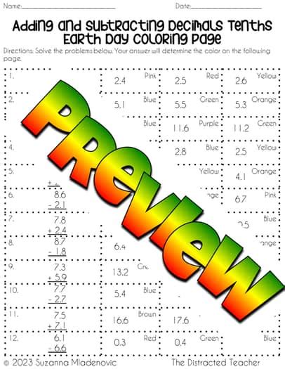 Adding And Subtracting Decimals Tenths Earth Day Coloring Page Tpt