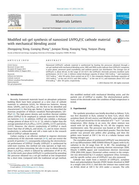 Pdf Modified Solgel Synthesis Of Nanosized Livpo4fc Cathode