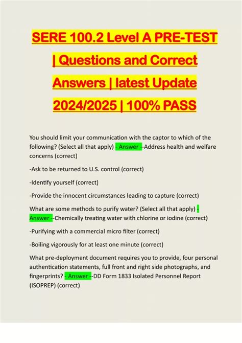 sere 100 2 level a pre test questions and correct answers latest