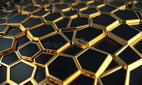 Close Up View Metallic Surface With Repeating Pattern Black Hexagons And Gold Hexagons Creating
