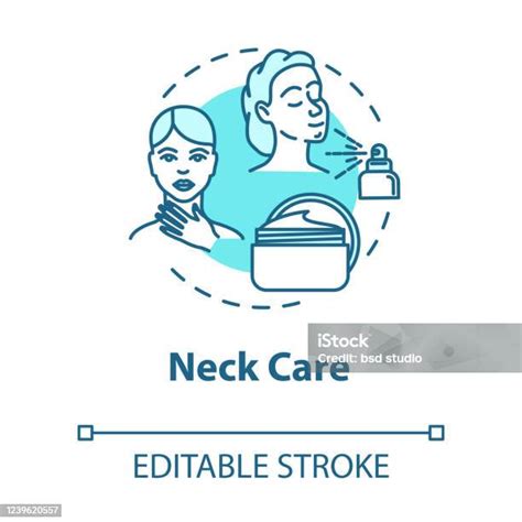 넥 케어 여성 청소년 및 뷰티 컨셉 아이콘 피부 보습 미용 제품 크림 과 스프레이 사용 아이디어 얇은 라인 일러스트 벡터 절연