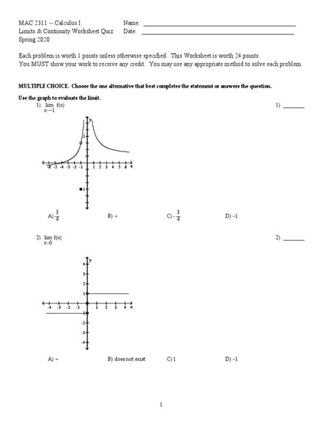 Limits And Continuity Worksheet Spring 2020 Download Free Pdf Mathematical Relations