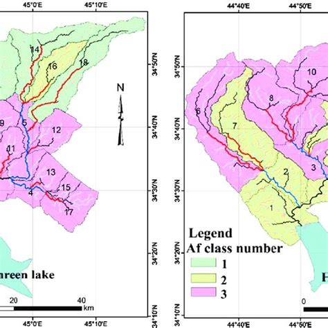map of the eighteen sub basins classes left basin shape index bs