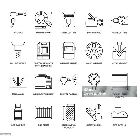 용접 서비스 플랫 라인 아이콘입니다 금속 제품 강철 스테인리스 레이저 절단 제작 작품 안전 장비 분말 코팅 선회를 압 연 용접기 서비스 산업 얇은 기호 아이콘에 대한 스톡