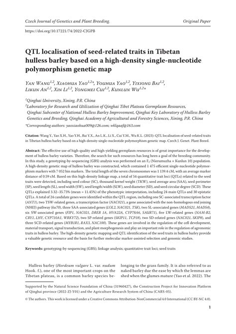 Pdf Qtl Localization Of Seed Related Traits In Tibetan Hulless Barley