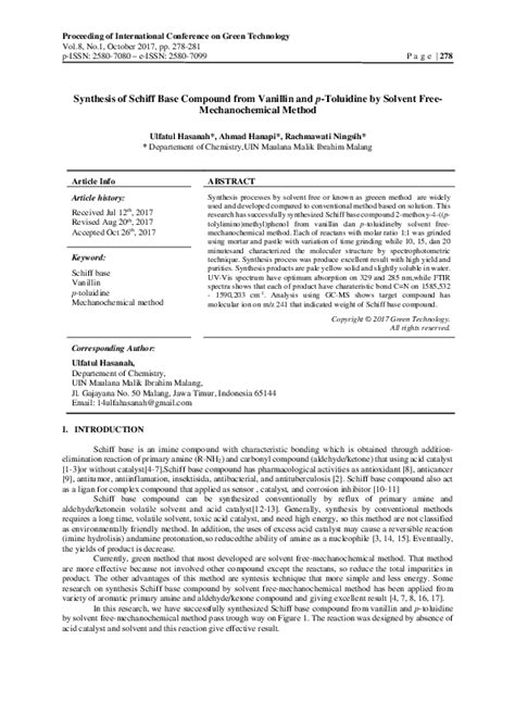Pdf Synthesis Of Schiff Base Compound From Vanillin And P Toluidine By Solvent Free