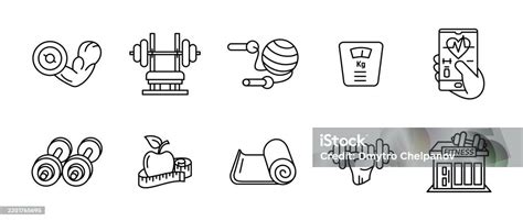 피트니스 아이콘 세트입니다 운동 훈련 및 운동 기호 모음 힘 역도 요가 및 심장 벡터 일러스트 레이 션 체육관 건강 및 웰빙 픽토그램 스포츠 및 보디 빌딩 개념 0명에 대한