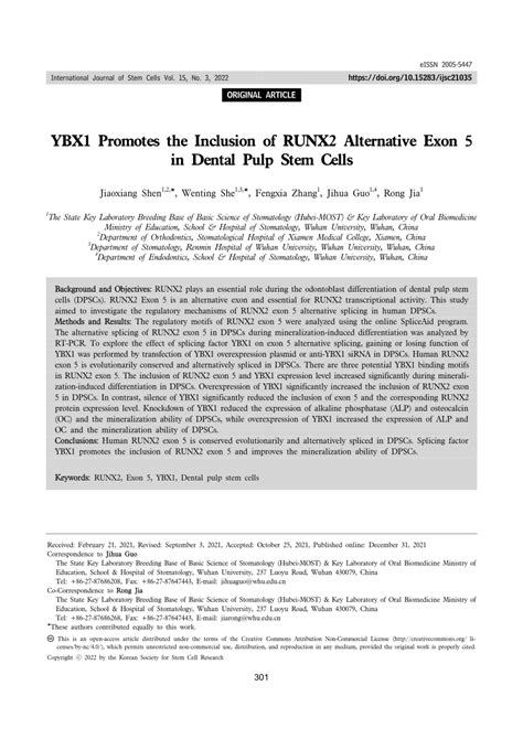 pdf ybx1 promotes the inclusion of runx2 alternative exon 5 in dental